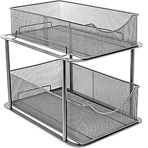 Sorbus 2 Tier Under The Sink Organizer Baskets with Mesh Sliding Drawers —Ideal for Cabinet, Countertop, Pantry, and Desktop, for Bathroom, Kitchen, Office, etc.—Made of Steel (Silver)
