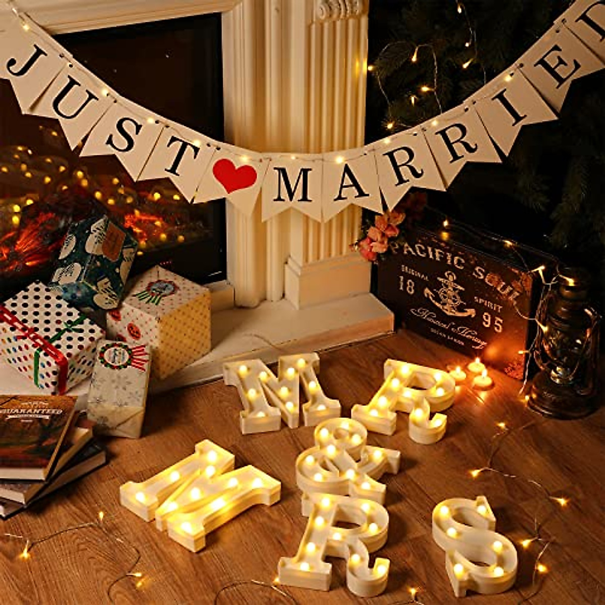 Coume Wedding Decorations Set, Mr Mrs Marquee LED Signs Just Married Banner Fairy String Light, 8.5 Inch Sign, for Table, Photo Props