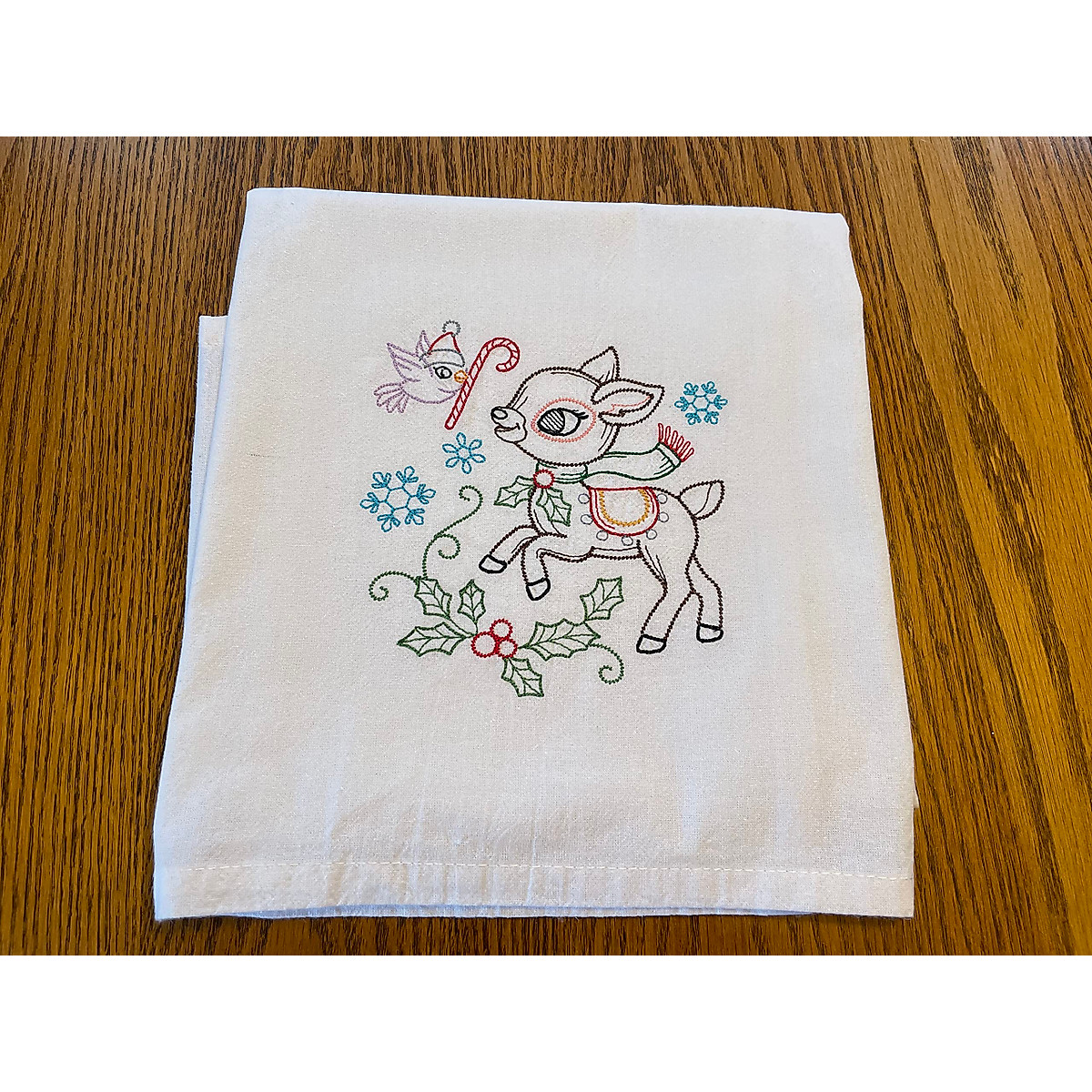 Christmas embroidered flour sack tea towel, Christmas reindeer, vintage pattern, 1 in set of 7 designs, machine embroidery