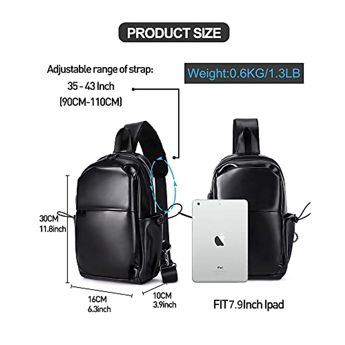 SEAFEW Black Leather Small Sling Bag Crossbody Backpack Shoulder Bag for Men Women, Hiking Daypack Multipurpose Anti-Theft Cross Body Chest Bags, One Strap Backpack for Walking Biking Travel Cycling