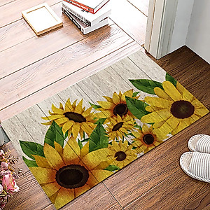 Door Mat for Bedroom Decor, Sunflowers on Wood Floor Mats, Holiday Rugs for Living Room, Absorbent Non-Slip Bathroom Rugs Home Decor Kitchen Mat Area Rug 18x30 Inch