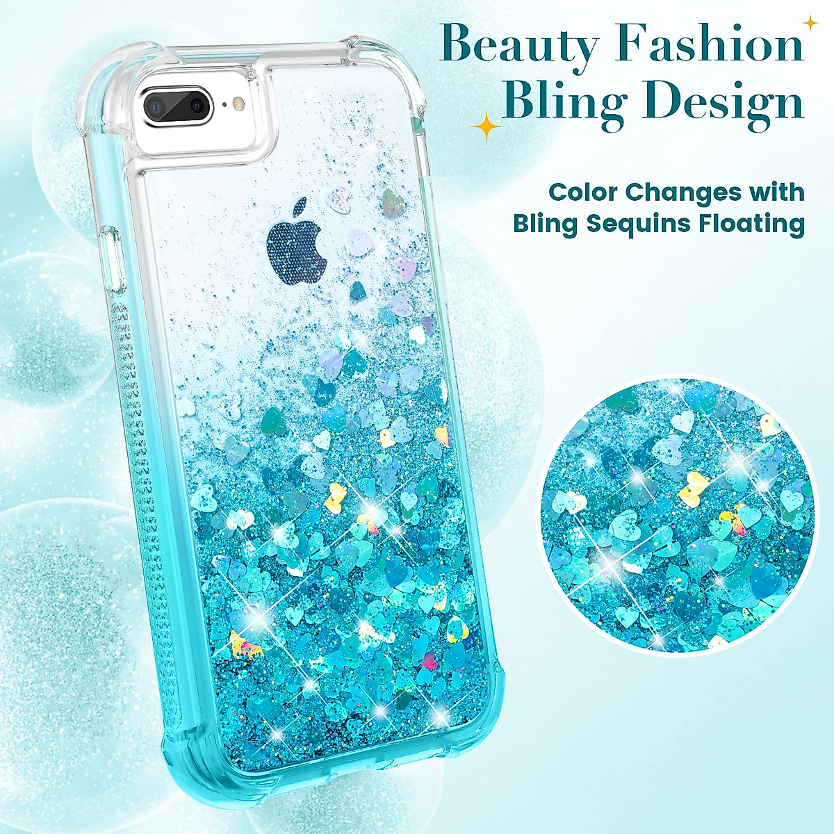 Ruky for iPhone 6 Plus 6s Plus 7 Plus 8 Plus Case, Glitter Clear Full Body Rugged Liquid Cover with Built-in Screen Protector Women Case for iPhone 6 Plus 6s Plus 7 Plus 8 Plus (Gradient Teal)