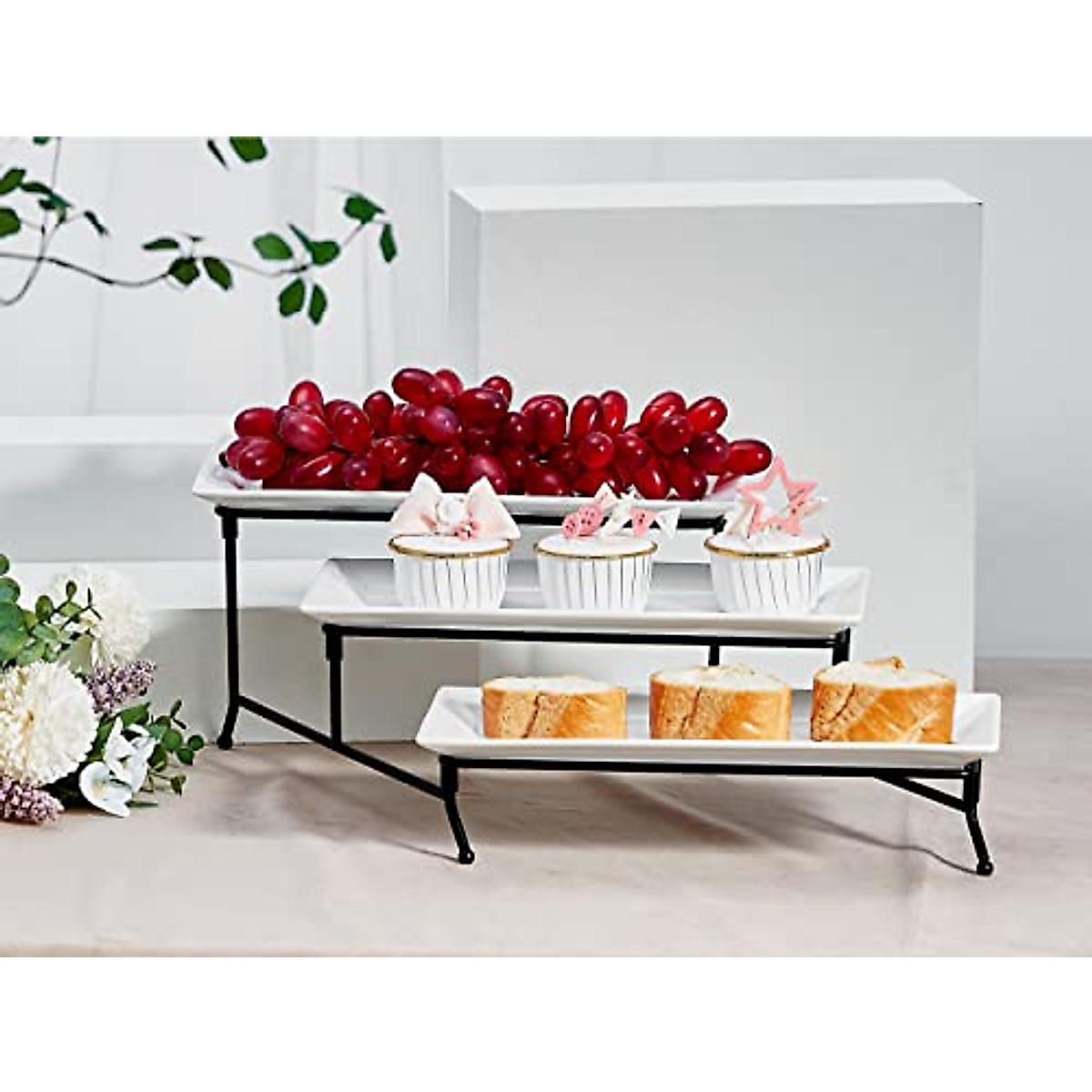 ONEMORE 3 Tier Serving Tray, Tiered Tray Stand for Party Entertaining Collapsible Sturdier Rack with 12" White Rectangular Ceramic Serving Platters for Fruit Cupcake Food Dessert Table Display Set
