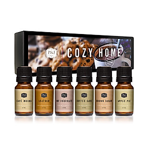 P&J Trading Cozy Home Set of 6 Fragrance Oils - Brown Sugar, Apple Pie, Coffee Cake, Café Mocha, Leather, Hot Chocolate Scented Oils for Candle Scents, Soap Making, Diffuser Oil