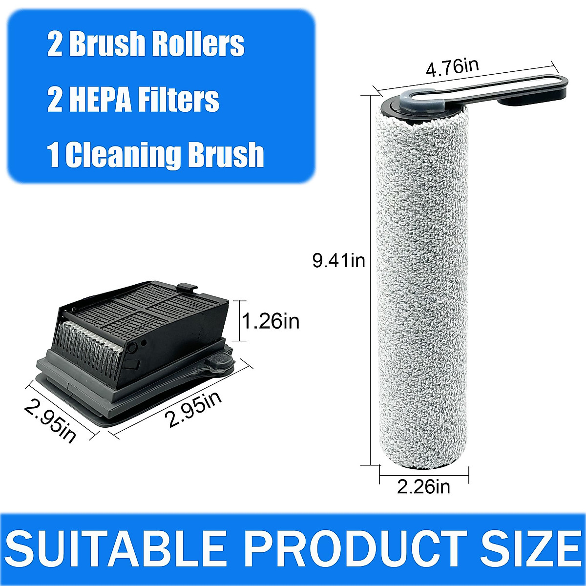 Brush Rollers and Filters Replacement Compatible with Tineco iFLOOR 5 Breeze Complete Vacuum Cleaner- 2 Brush Rollers + 2 Vacuum Filters + 1 Cleaning Tool