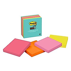 Post-it Super Sticky Notes, 3x3 in, 6 Pads, 2x the Sticking Power, Supernova Neons, Neon Colors, Recyclable (654-6SSMIA)