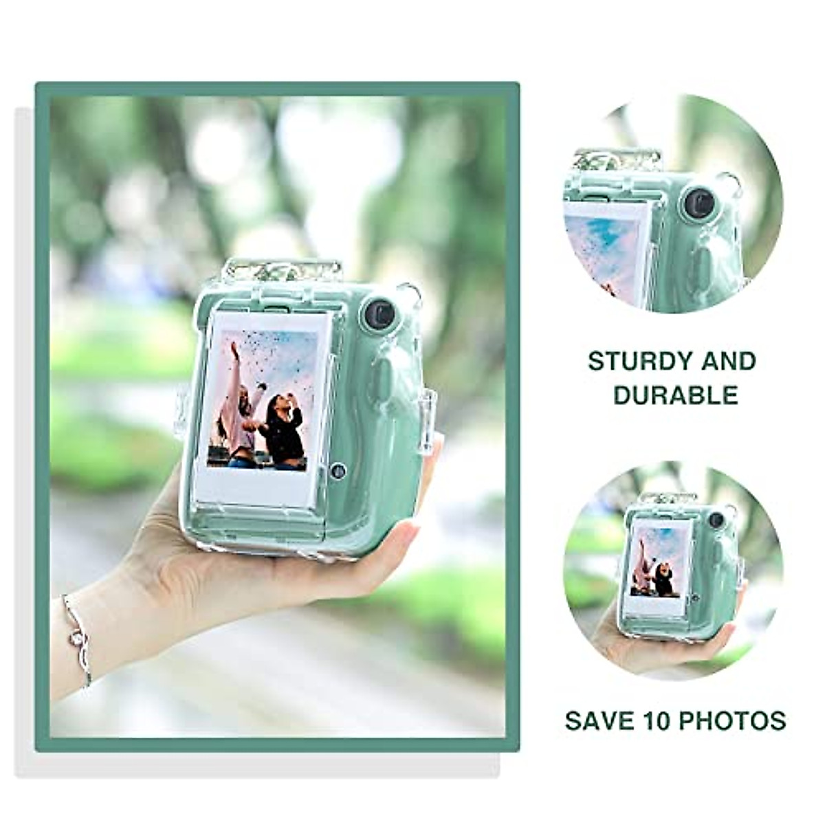 wogozan Clear Case for Fujifilm Instax Mini 11 Instant Camera Protective Case- Upgrade Back with Photo Pocket for Storing 10 Photos+Adjustable Shoulder Strap and Camera Sticker