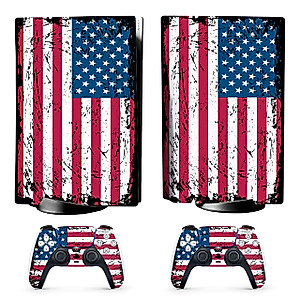 HK Studio US Flag Decal Sticker Skin Specific Cover for Both PS5 Disc Edition and Digital Edition - Waterproof, No Bubble, Including 2 Controller Skins and Console Skin