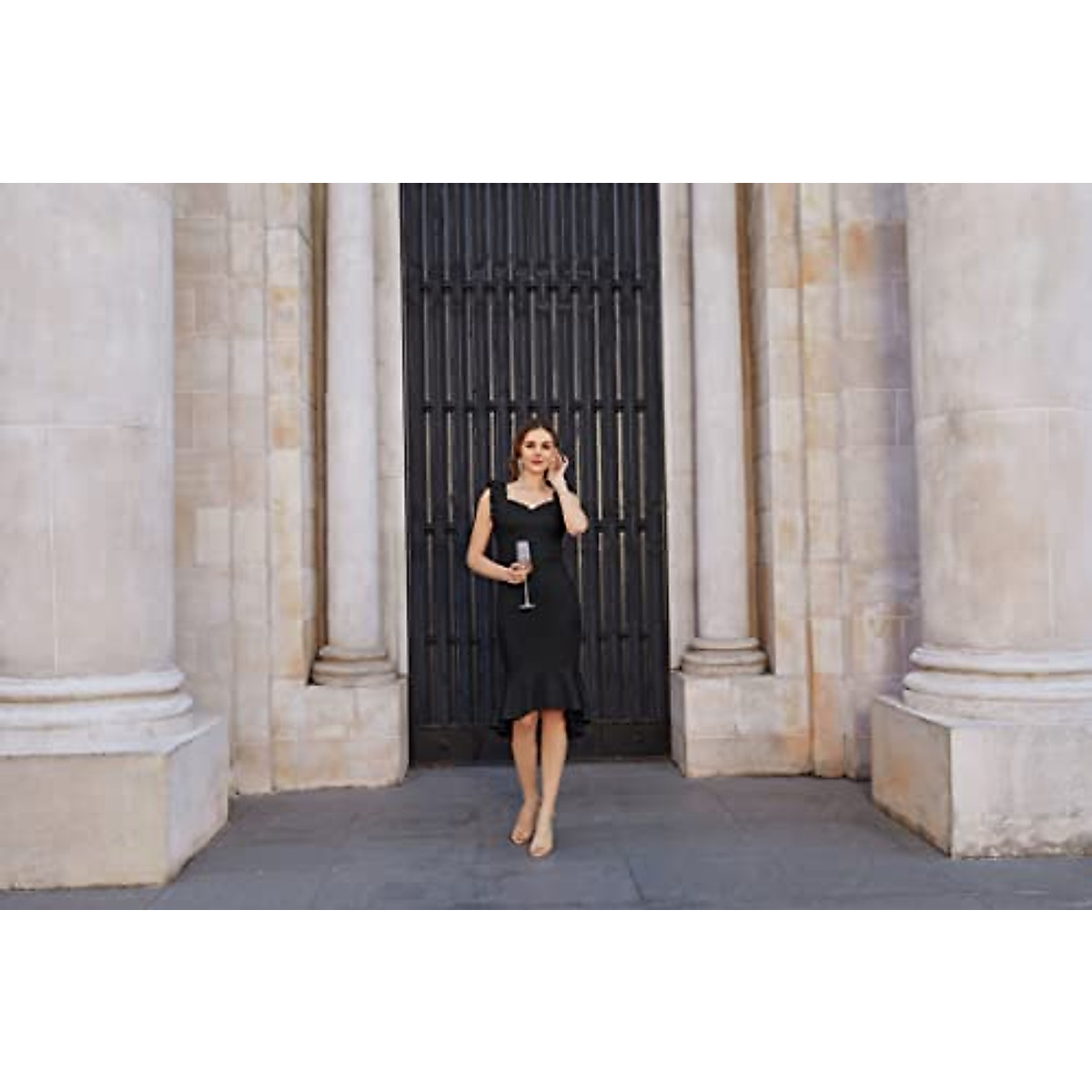 Women's Sleeveless Fishtail Dress High Low Hem Wedding Guest Midi Bodycon Formal Dress Cocktail Party Dress Black L