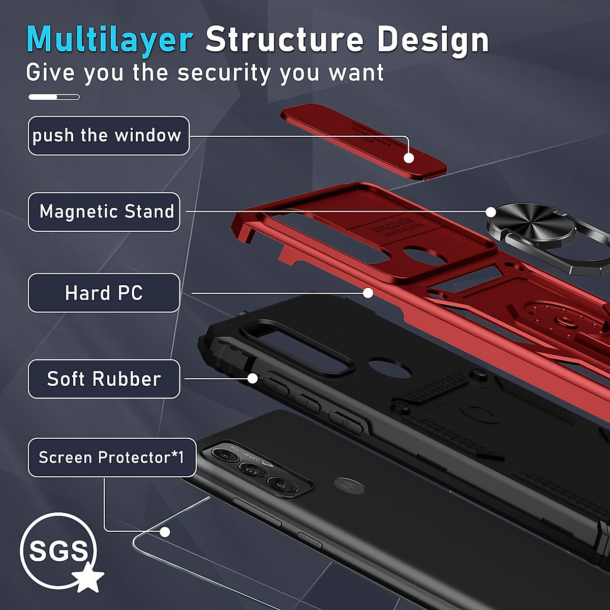 Janmitta Compatible with Moto G Play 2023,G Power 2022/G Pure Case Built in Slide Camera Lens Cover+Screen Protector+Ring Holder,Heavy Duty Shockproof Full Body Phone Cover,Red