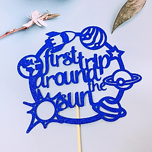 CHANGCAO First Trip Around The Sun Cake Topper Happy Birthday Toppers for Outer Space Theme Party Decorations Baby 1st Birthday, One Year Old Supplies Rocket Galaxy Planet Kids blue flash