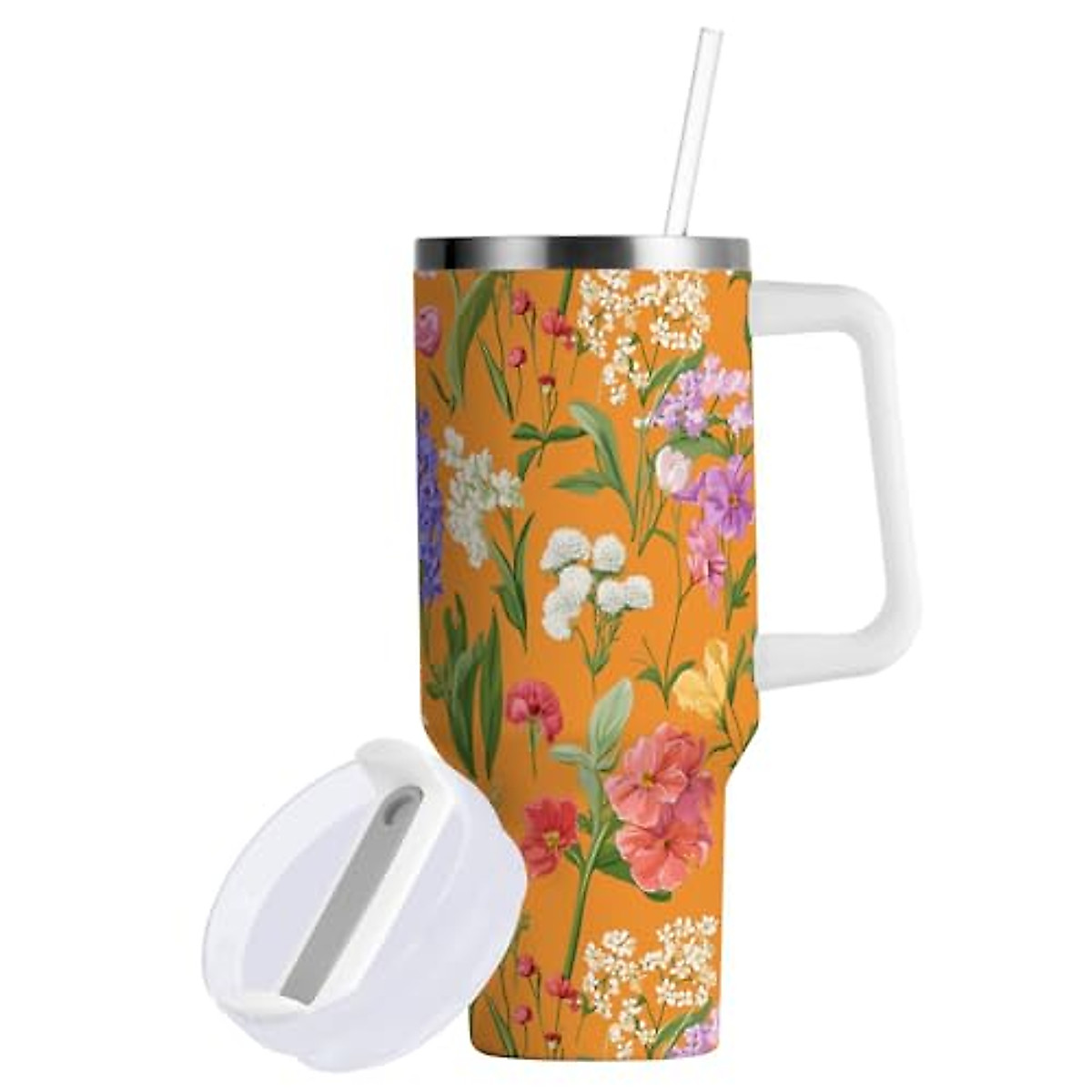 linqin Flower Peony Orange Vacuum Tumbler Insulated with Straw Lid 30 oz Water Bottle with Handle Reusable Mug with Handle for Water, Iced Tea or Coffee