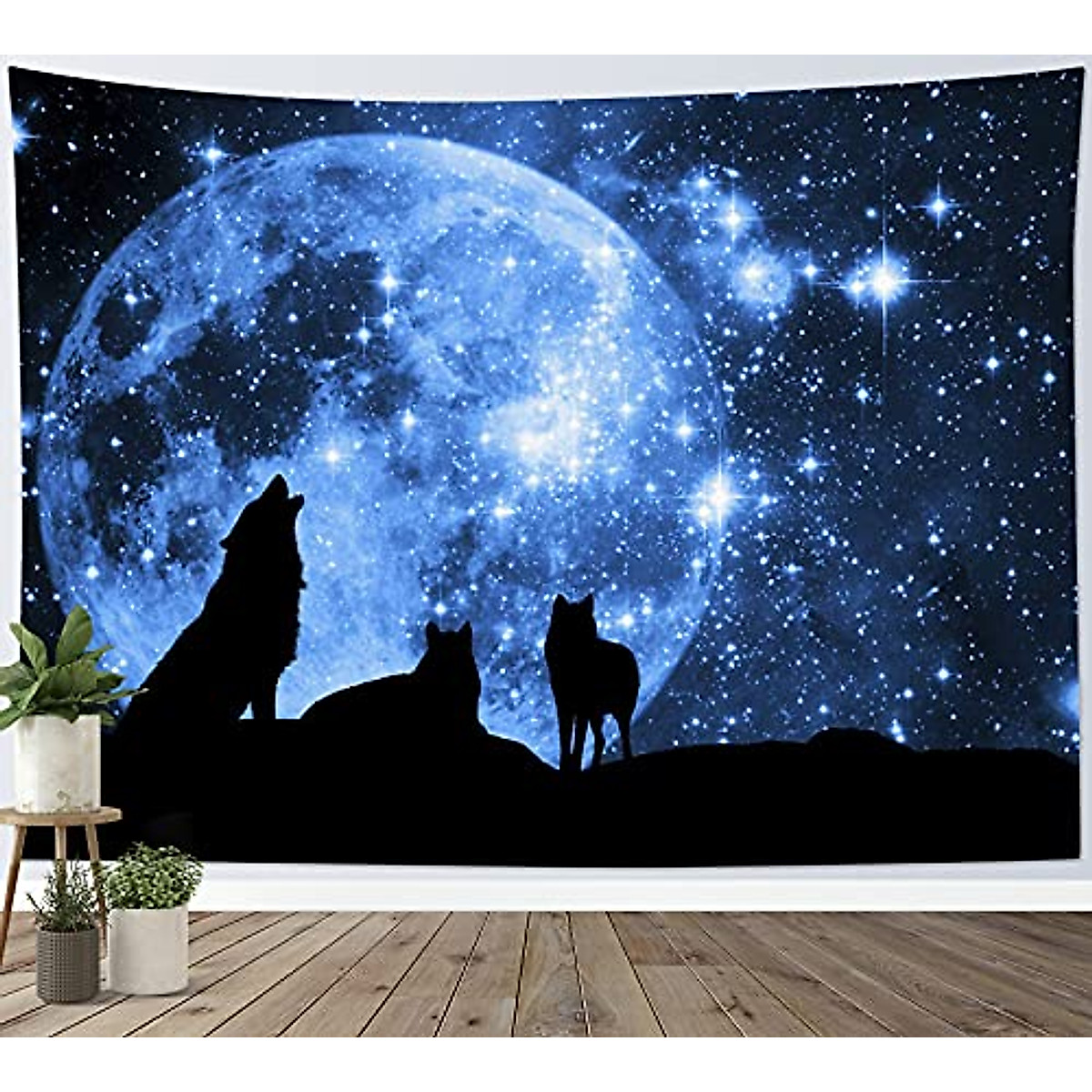 HVEST Wolf Tapestry Wall Hanging Full Moon in Blue Space Tapestries Wild Animal Wolves Wall Decor Blanket for Kids Bedroom Living Room Dorm Party (48X36")