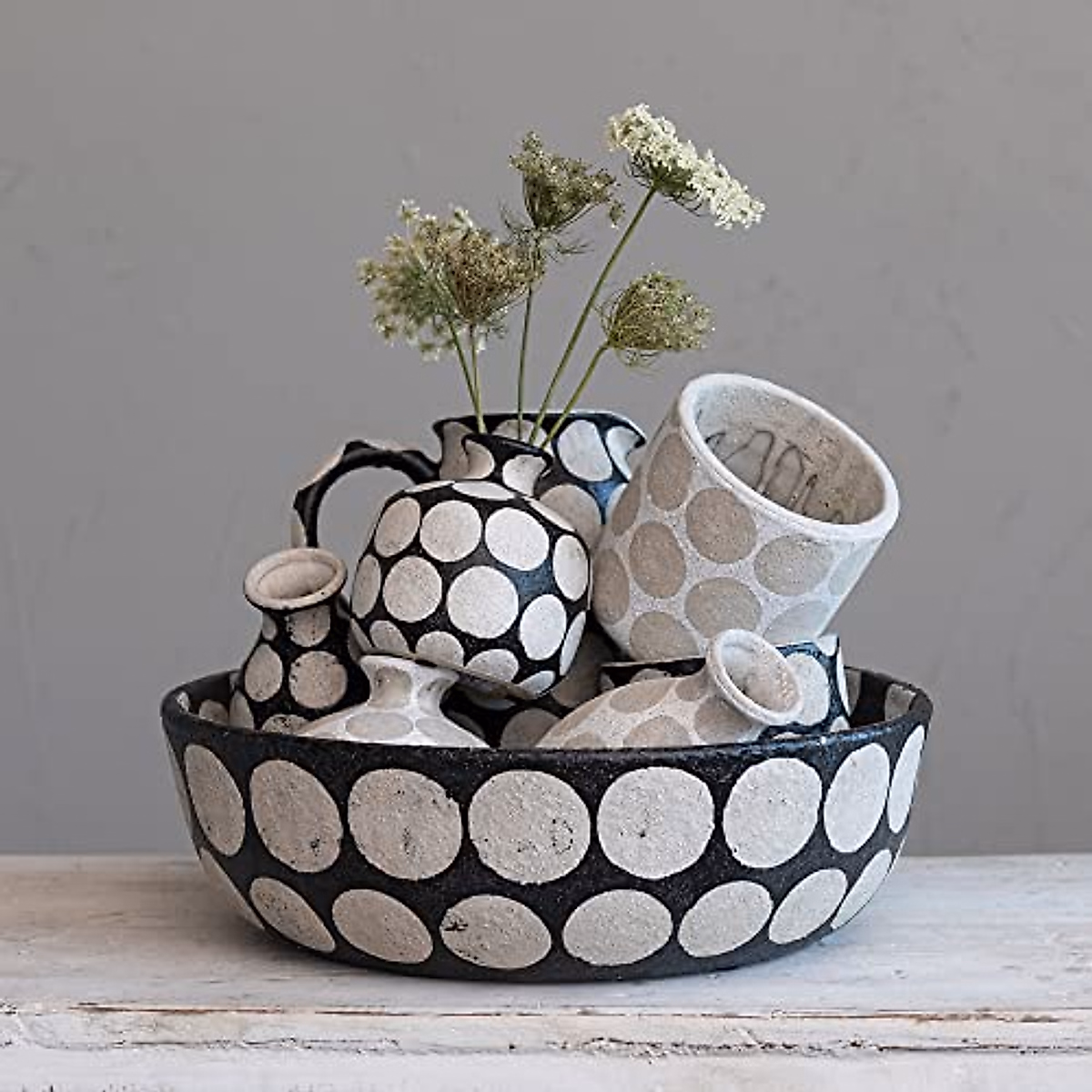 Creative Co-Op Terracotta Wax Relief Dots, Black and Natural Decorative Bowl