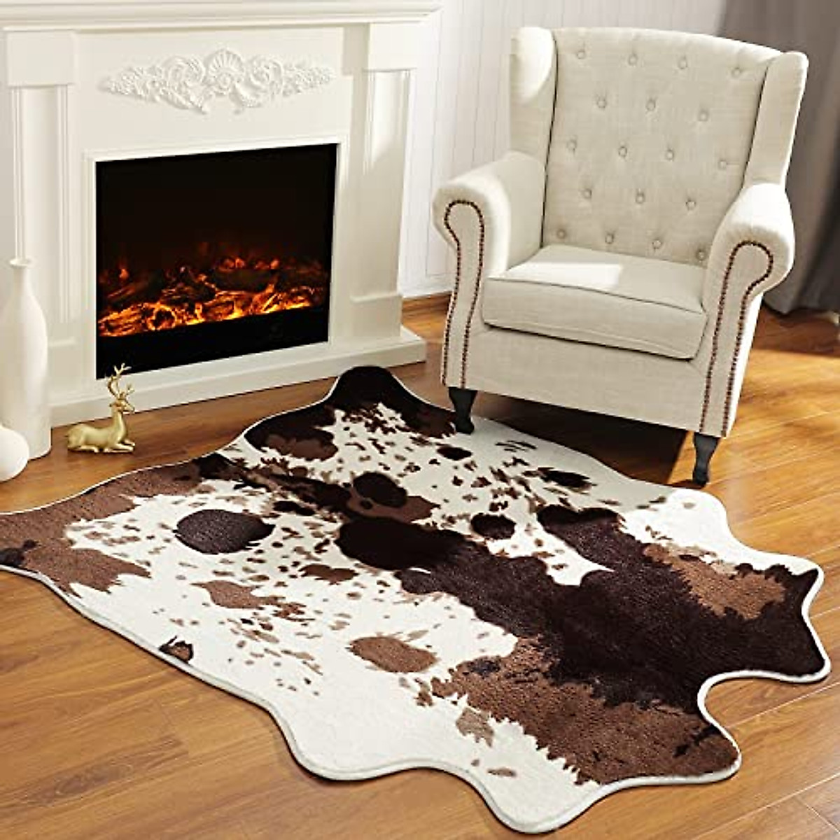FALARK INC Premium Faux Cowhide Rug, 4.6ft x 5.2ft Cow Print Rugs for Living Room Bedroom, Cute Animal Print Carpet Western Home Decor Rug, Upgraded Non-Slip Soft Cow Skin Rugs, Brown and White