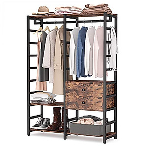 Tribesigns Free-Standing Closet Organizer, Heavy Duty Clothes Rack with Handing Bar and Shelves, Large Closet Storage & Closet Garment Rack with Drawers,Rustic