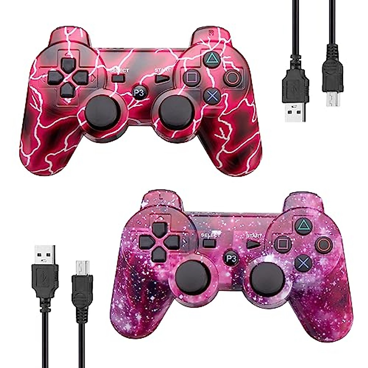 Powerextra Pro PS-3 Wireless Controller for Play-Station 3 with High Performance Upgraded Joystick Rechargeable Battery Double Shock for PS-3（Lightning + Galaxy）