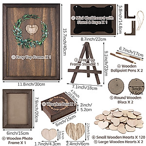 Aodaer Wedding Guest Book Alternative Drop Top Frame Heart Drop Wood Guest Book with Stand 122 Wooden Hearts Pens Box Mini Blackboard Rustic Wedding Decorations for Reception Baby Shower, Brown
