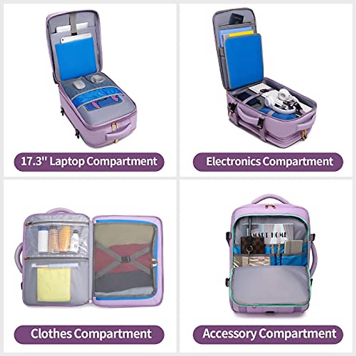 AI EN JIU Travel Backpack for Women Men, 50L Expandable Carry On Backpack 17.3 inch Laptop Backpack with USB Port, Waterproof Business Luggage Traveling Backpack with 3 Mesh Bags & 1 Shoe Bag, Purple