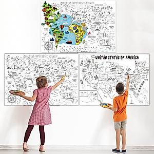 2 Pack Jumbo United States & World Map Coloring Poster 44 * 32Inch Large World Map Coloring Table Cover Giant USA Map Wall Doodle Art Coloring Education Poster for Classroom Home Birthday Party