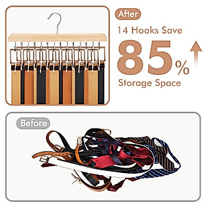 NECAMOCU Belt Hanger, Natural Wooden Belt Organizer for Closet, 360° Rotating Tie & Belt Rack for Storage with 14 Hooks, Sturdy Belt Holder Space Saver for Belt, Tie, Bra, Scarf, Tank Top Accessories
