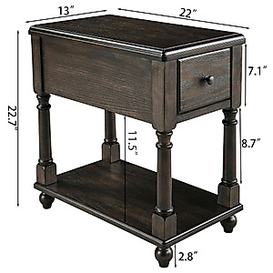 LEEMTORIG Narrow End Table with Drawer, Solid Wood 2 Tier End Side Table with Storage Shelves, Slim Nightstand for Small Spaces, Living Room, Bedroom, Easy Assembly, Rustic Black BBJ-004-BK