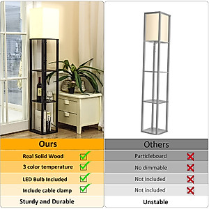 PESRAE Floor Lamp with Shelves by Solid Wood, Modern Shelf Floor Lamp with 3 Color Temperature, Linen Lampshade and Storage Shelves for Living Room, Bedroom, Bulb Included, Matte Black