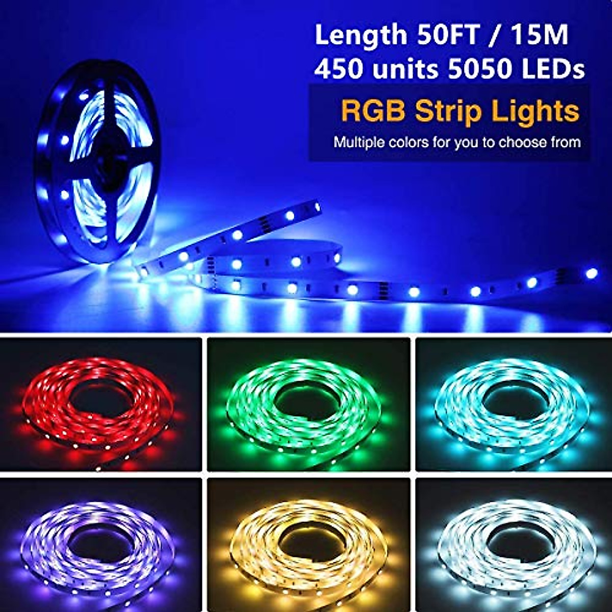 Vbakor 50Ft Smart Led Strip Lights with Music Sync, 5050 450LEDs RGB Strip Lights with Remote Controller, Sensitive Built-in Mic, App Controlled LED Lights Tape Lights for Home, Ceiling, Bedroom