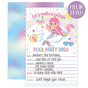 Your Main Event Prints Mermaid Unicorn Pool Party Birthday Invitations - Summer Pool Party Bash - Splash Pad, Water Park Invites - 20 Fill-In Unicorn Mermaid Invitations and White Envelopes