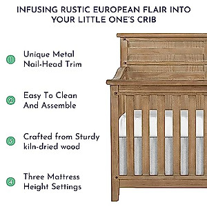 Evolur Andorra 5-in-1 Convertible Crib in Barnwood, Greenguard Gold and JPMA Certified, Made of Hardwood, Easy to Assemble, Wooden Nursery Furniture