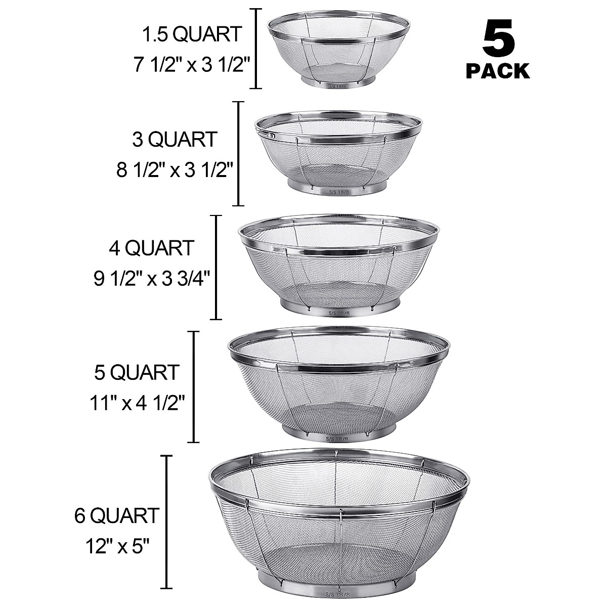5 Pack Strainers for Kitchen, 18/8 Stainless Steel Colander, Fine Mesh Strainer for Pasta, Rice and Fruit, Sieve for Strain, Drain, Rinse or Steam, Multi Size Sifter