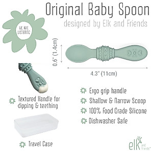 Elk and Friends Silicone Baby Spoons | Travel Case Included | First Stage Infant Toddler Spoon | Baby Led Weaning Stage | Dishwasher Safe