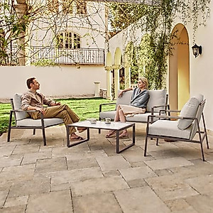 EAST OAK 4-Piece Patio Furniture Set with Thick Cushions, 4 Seats Waterproof Outdoor Patio Set with Rattan Armrests, Loveseat and Coffee Table for Backyard, 2024 Coast Patio Conversation Set in Beige