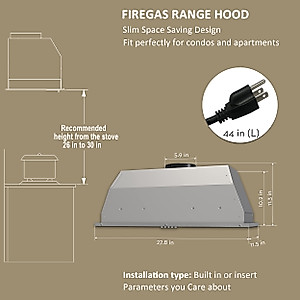 FIREGAS Range Hood Insert 30 inch, 600 CFM Ducted/Ductless Convertible Kitchen Hood with LED Light, Built-in Vent Hood with 3 Speed Exhaust Fan, Baffle Filters, Stove Hood with Carbon Filters
