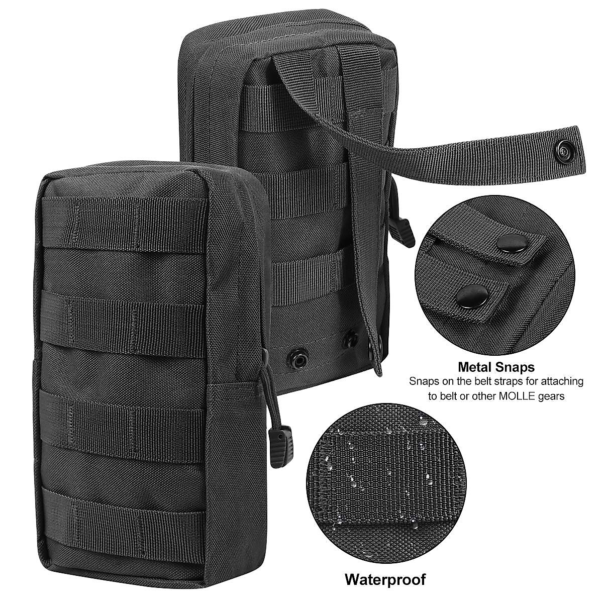 Gogoku 3-Pack Combo Molle Pouch Water Bottle Pouch Holder with Detachable Flag Patch & 5 D-Ring Clip Tactical Molle Pouches Compact Utility EDC Waist Bag Pack Black