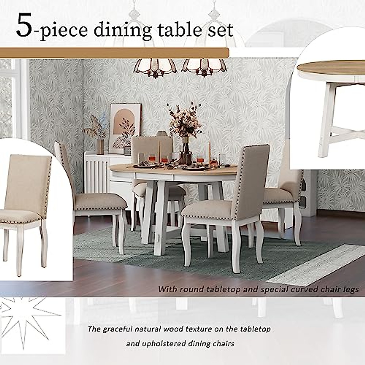 Lifeand 5-Piece Farmhouse Set Round Extendable Table and 4 Upholstered Dining Chairs Natural Wood, Oak+ Antique White