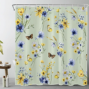 EOBTAIN Blue and Yellow Floral Shower Curtain for Bathroom Wildflower Botanical with Butterfly on Sage Green Shower Curtain with 12 Hooks Nature Plant Bathroom Curtains Shower Set 72x72 Inch