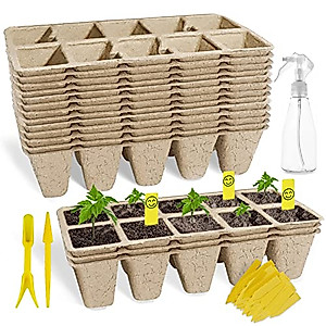 SYITCUN 100 Cells Seedling Starter Trays,10 Pack Starter Trays for Planting Seeds,Biodegradable Seed Starter Peat Pots,Bonus 100 Plant Labels,2 Transplanting Tools,1 Spray Bottle