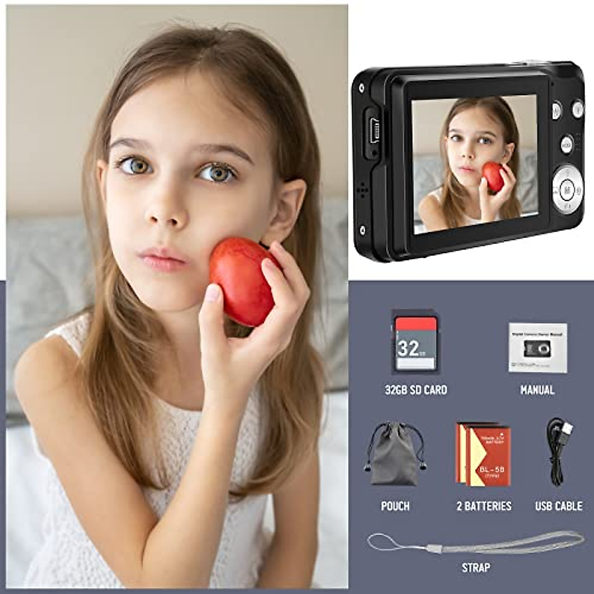 Digital Camera, Kids Camera for Teens Boys and Girls, 48MP 2.7K Digital Camera with 16X Digital Zoom, 32 GB SD Card and 2 Batteries Included (Black)