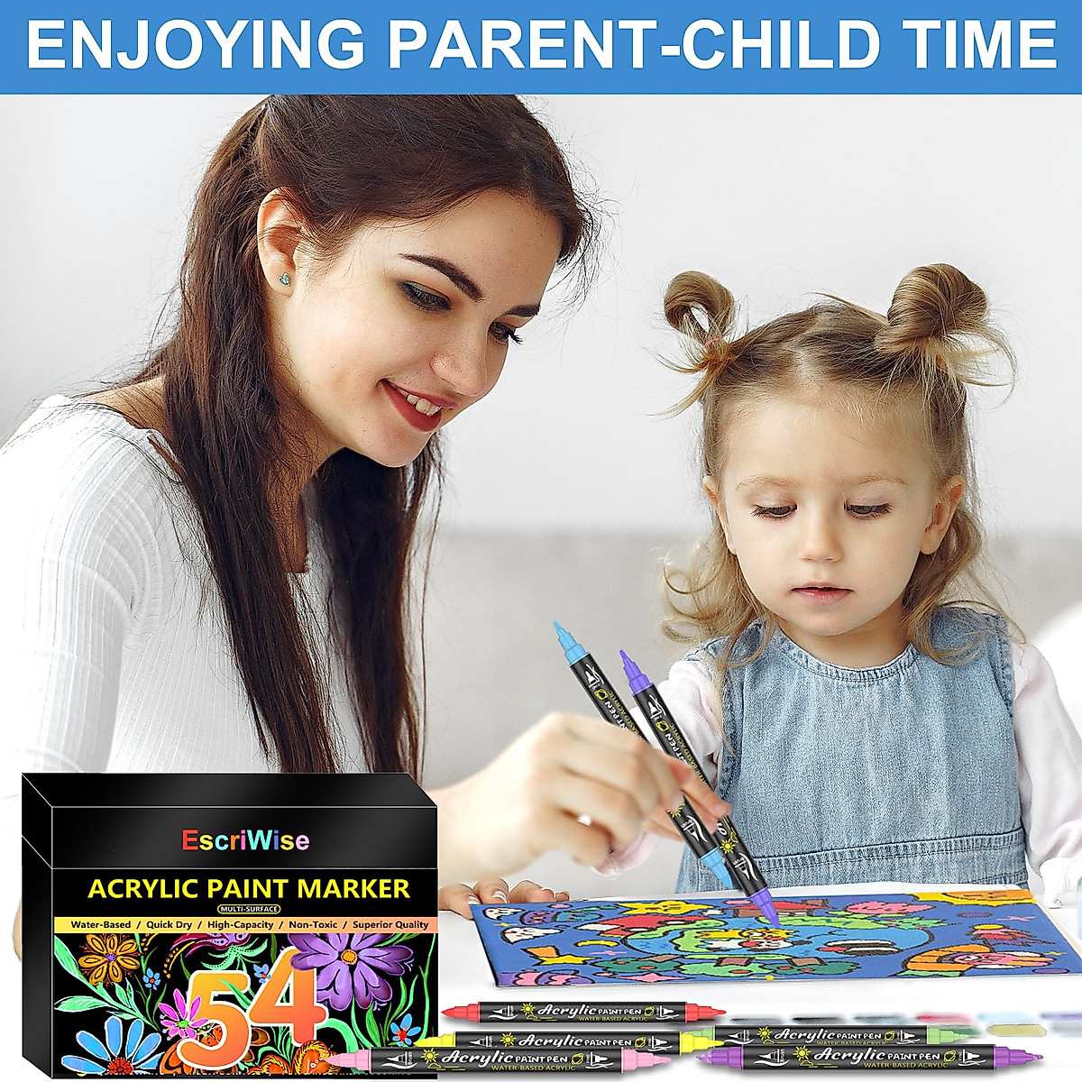 EscriWise 54 Colors Acrylic Paint Pens Paint Markers Set,Dual Tip Paint Markers With Fine Tip and Brush Tip,Premium Paint Pens for Stone,Canvas,Rock Painting,DIY Craft Art Supplies,Glass