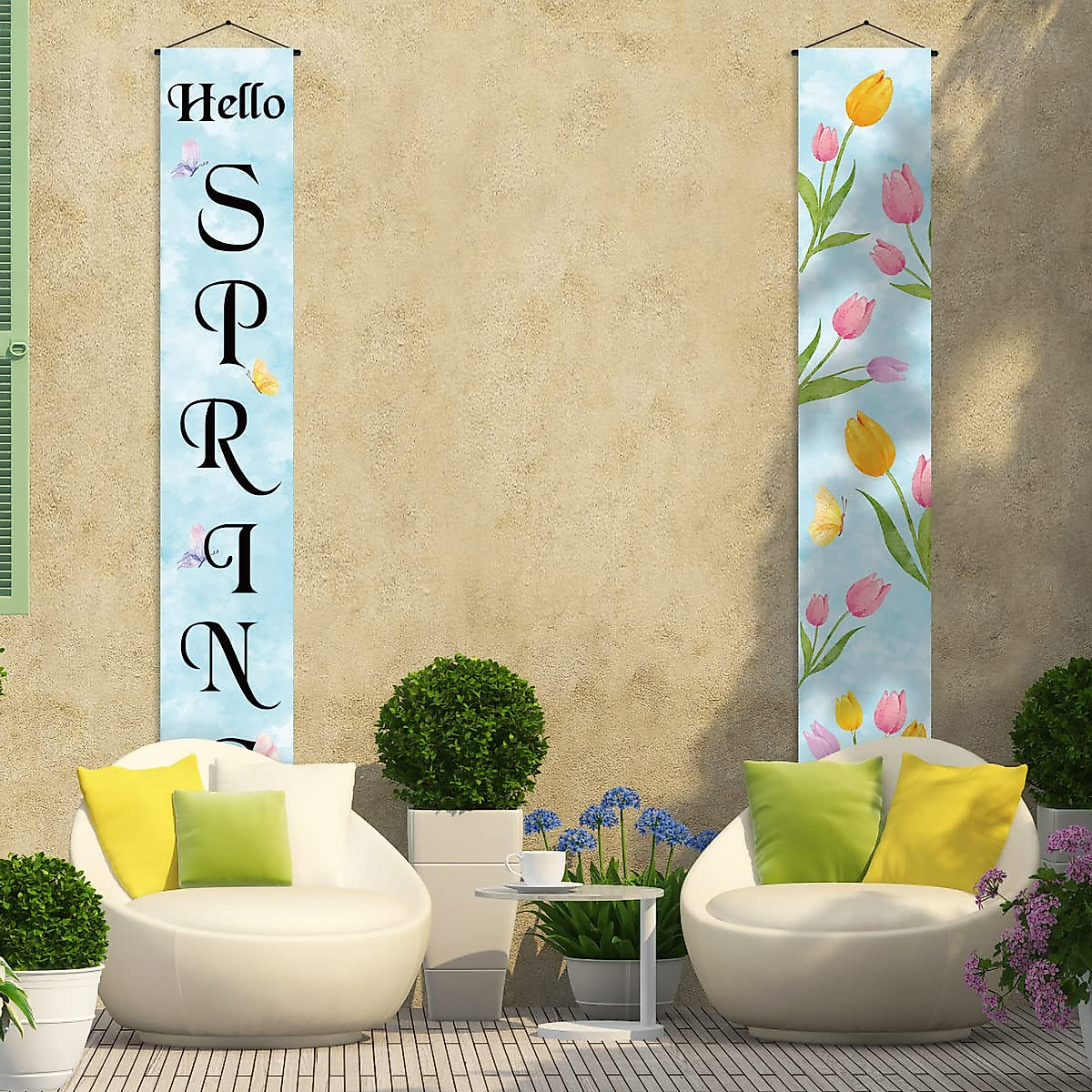 Nepnuser Hello Spring Porch Banner Spring Tulips Flower Front Door Window Wall Indoor Outdoor Decoration Photo Booth Backdrop