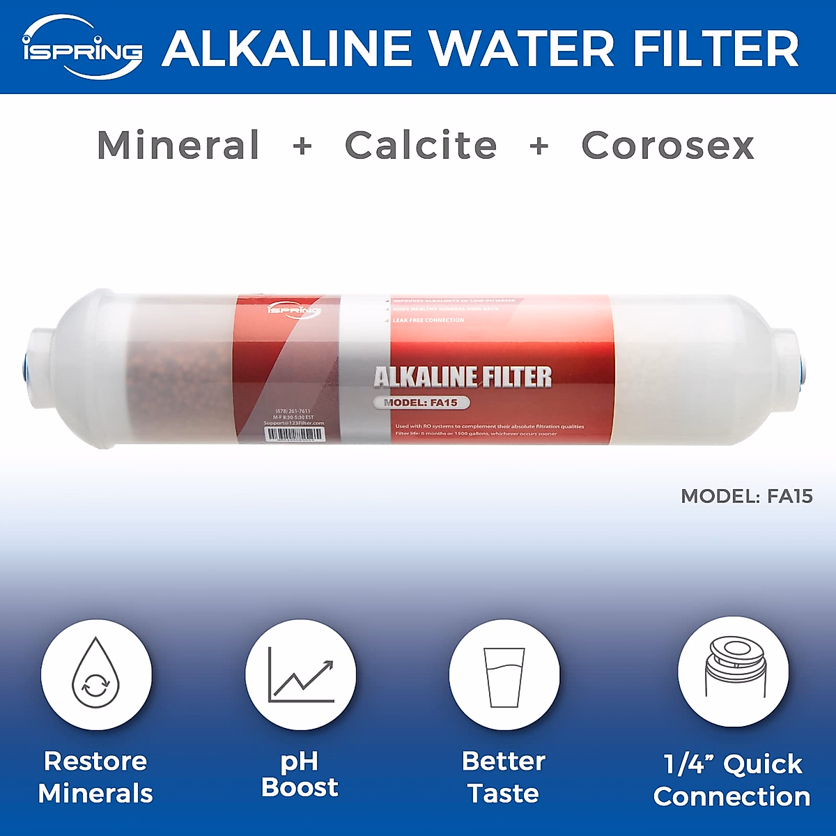 iSpring F3 6-Month Prefilter Replacement Supply Filter Cartridge Pack Set for Standard Reverse Osmosis RO Systems, F3 , White | iSpring FA15 Alkaline Water Filter Cartridge for Reverse Osmosis RO System 3-Layer 10-inch Inline Quick Connect Replacement or