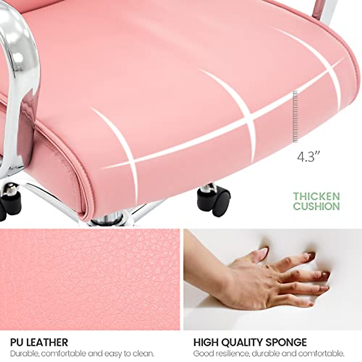 HFGI Living Home Office Chair, Modern Upholstered Mid-Back PU Leather Task Desk Chair with Arms, Adjustable Rocking Swivel Computer Chair with Wheels (Pink)