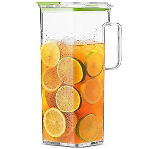 Komax Large Plastic Water Pitcher with Lid Square Water Carafe with Lids – BPA-Free, Dishwasher Safe Plastic Pitcher – Water, Tea, or Juice Containers with Lids for Fridge (2.3 Liters)