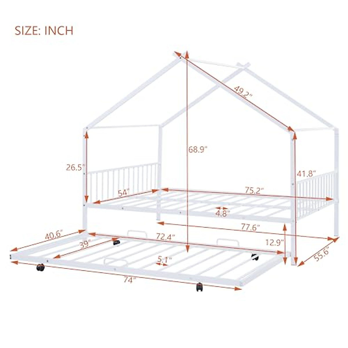Merax Full Size Metal Floor House Bed Frame with Trundle for for Bedroom Dorm,Boys,Girls