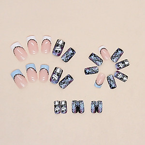 Halloween Press on Nails Medium Square SWEKKE French Fake Nails White Spider Web Full Cover Nightmare Nails Christmas Nails Glossy False Nails Artificial Acrylic Nails for Women Girls 24 Pcs