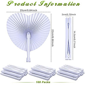 100 Packs Heart Shaped Wedding Folding Fans White Paper Fans Foldable Personalized Fan Decorative Blank Fan Round Handheld Fan with Plastic Fan Handles for Women Girls Guest Wedding Party Pocket Favor