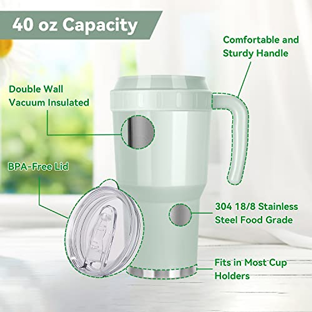 Rietore 40 oz Tumbler with Handle and Straw, Stainless Steel Tumblers Insulated Tumblers with Lids Double Wall Vacuum Coffee Travel Mug, Sweat Proof, Leak Proof, Light Emerald