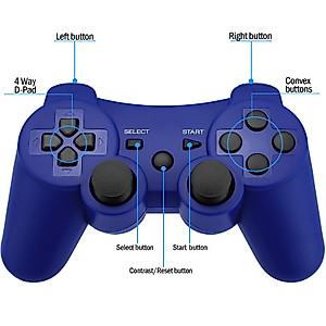 Ceozon PS3 Controller 2 Pack with Six-Axis Dual Vibration Wireless Control with Charging Cables Black + Blue