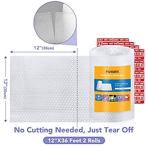 2-Pack Bubble Cushion Wrap Roll, Fuxury 12 Inch x 72 Feet Total Air Bubble Cushioning Wrap, Perforated Every 12", Included 20 Fragile Sticker Labels for Packaging Moving Shipping Boxes Supplies